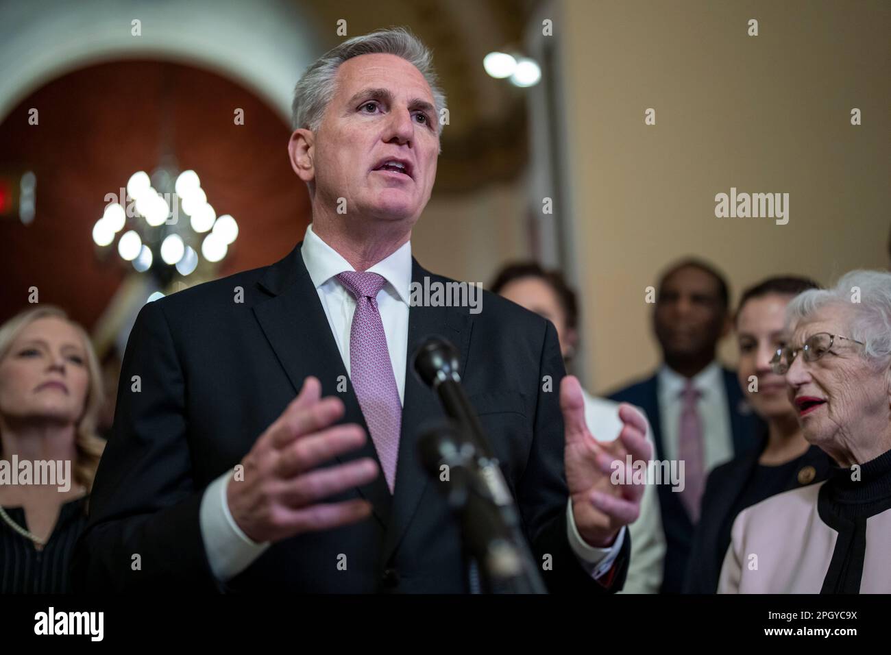 FILE - Speaker of the House Kevin McCarthy, R-Calif., talks to ...