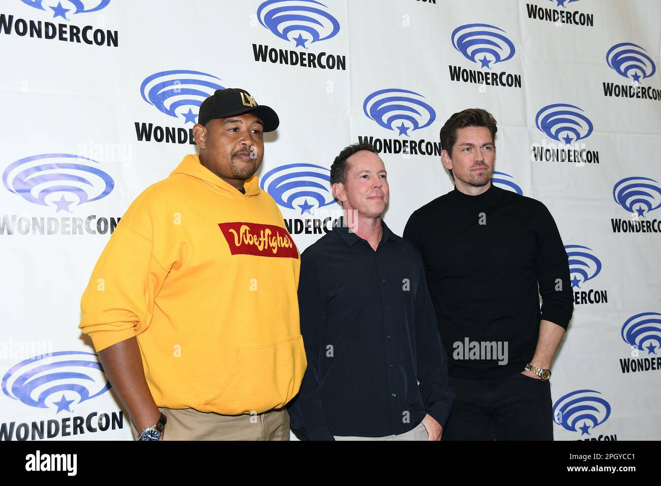 Omar Miller, Matt Nix and Steve Howey arrive at the CBS photocall for True Lies at WonderCon ...