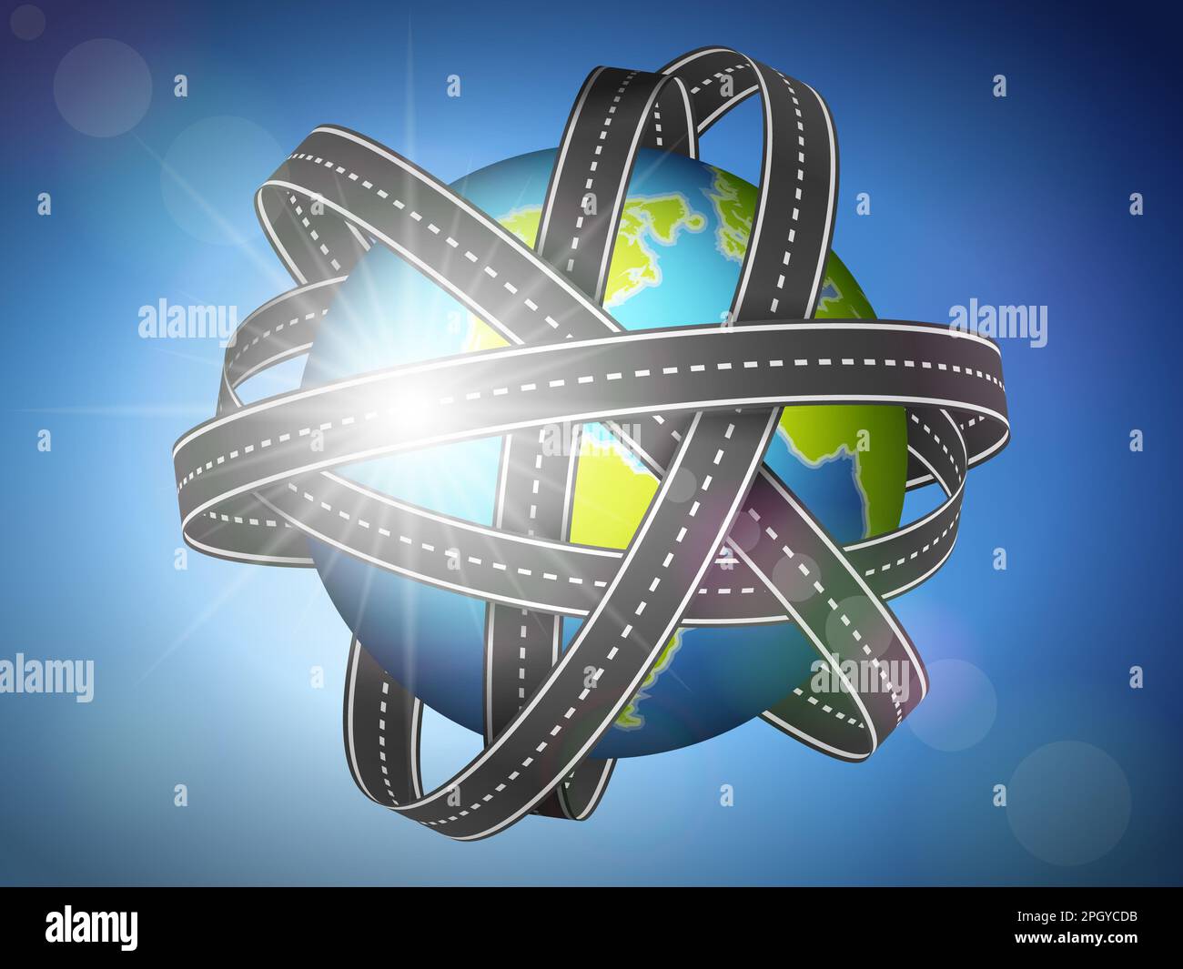 World globe with road tape on sky background. Vector illustration Stock ...