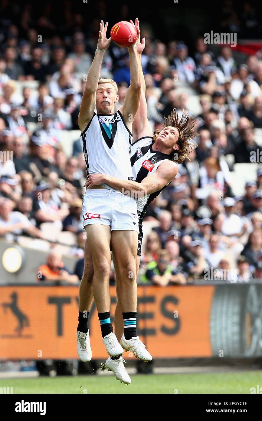 Todd Marshall of Port Adelaide attempts a mark during the AFL Round 2 ...