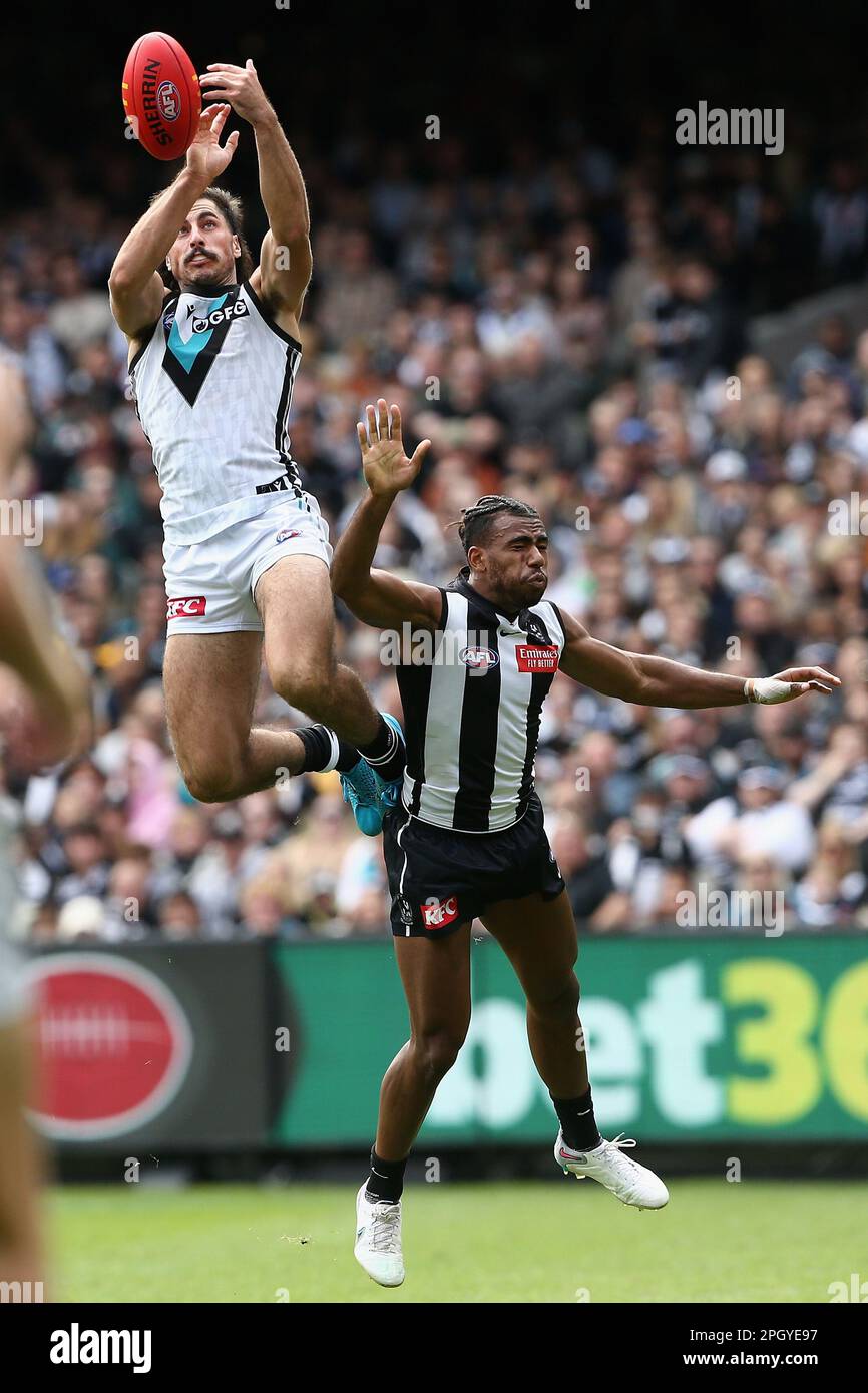 Lachie Jones of Port Adelaide attempts a mark during the AFL Round 2 ...