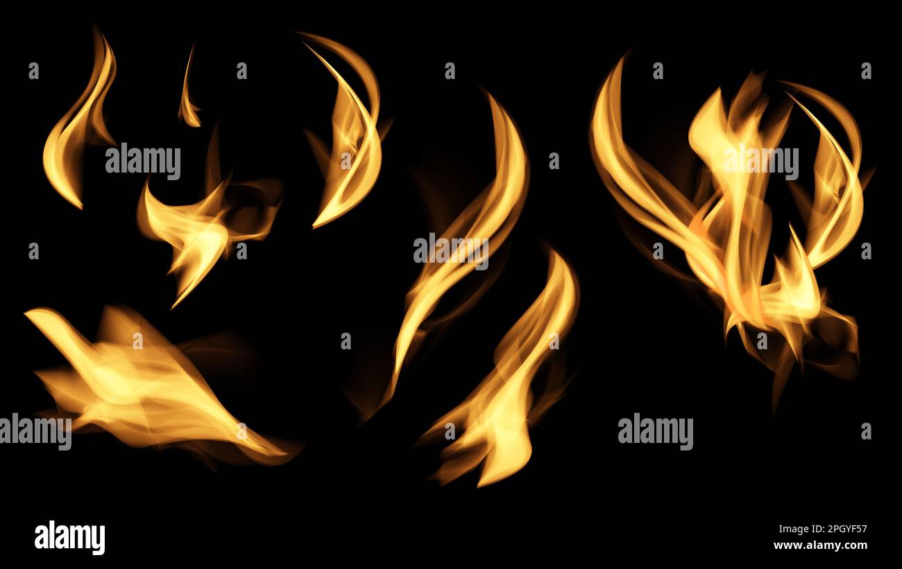 Fire flames collection isolated on black background. Close up of fire ...