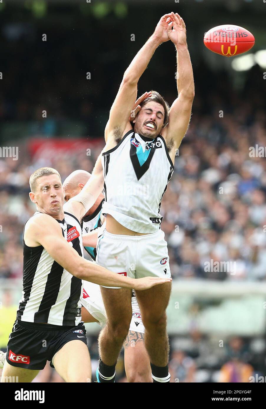 Lachie Jones of Port Adelaide attempts a mark during the AFL Round 2 ...