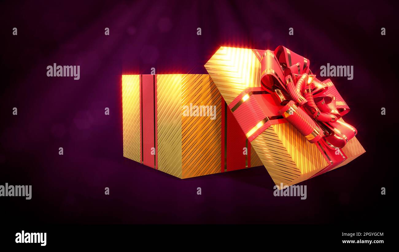 shining opened golden and red surprise gift box on dark backdrop ...