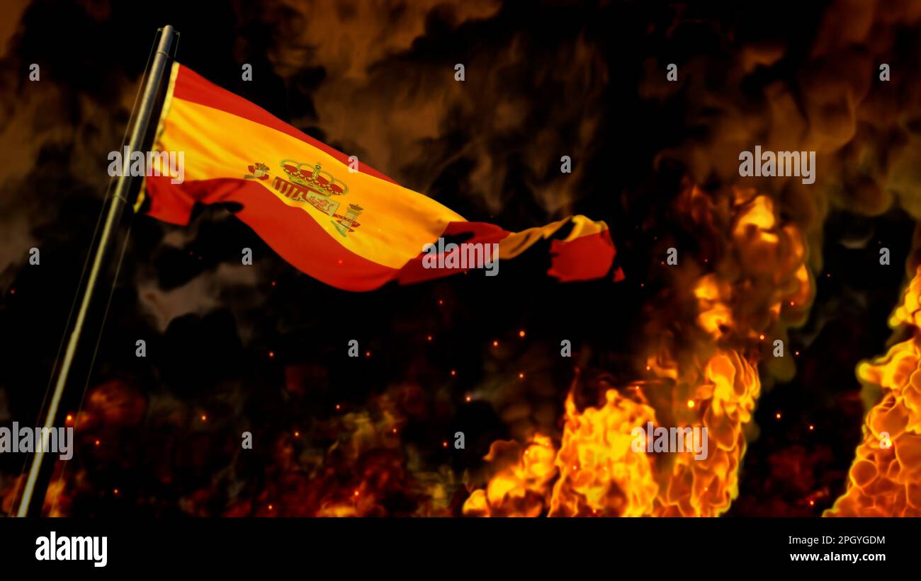 flag of Spain on burning fire bg - hard times concept - abstract 3D ...