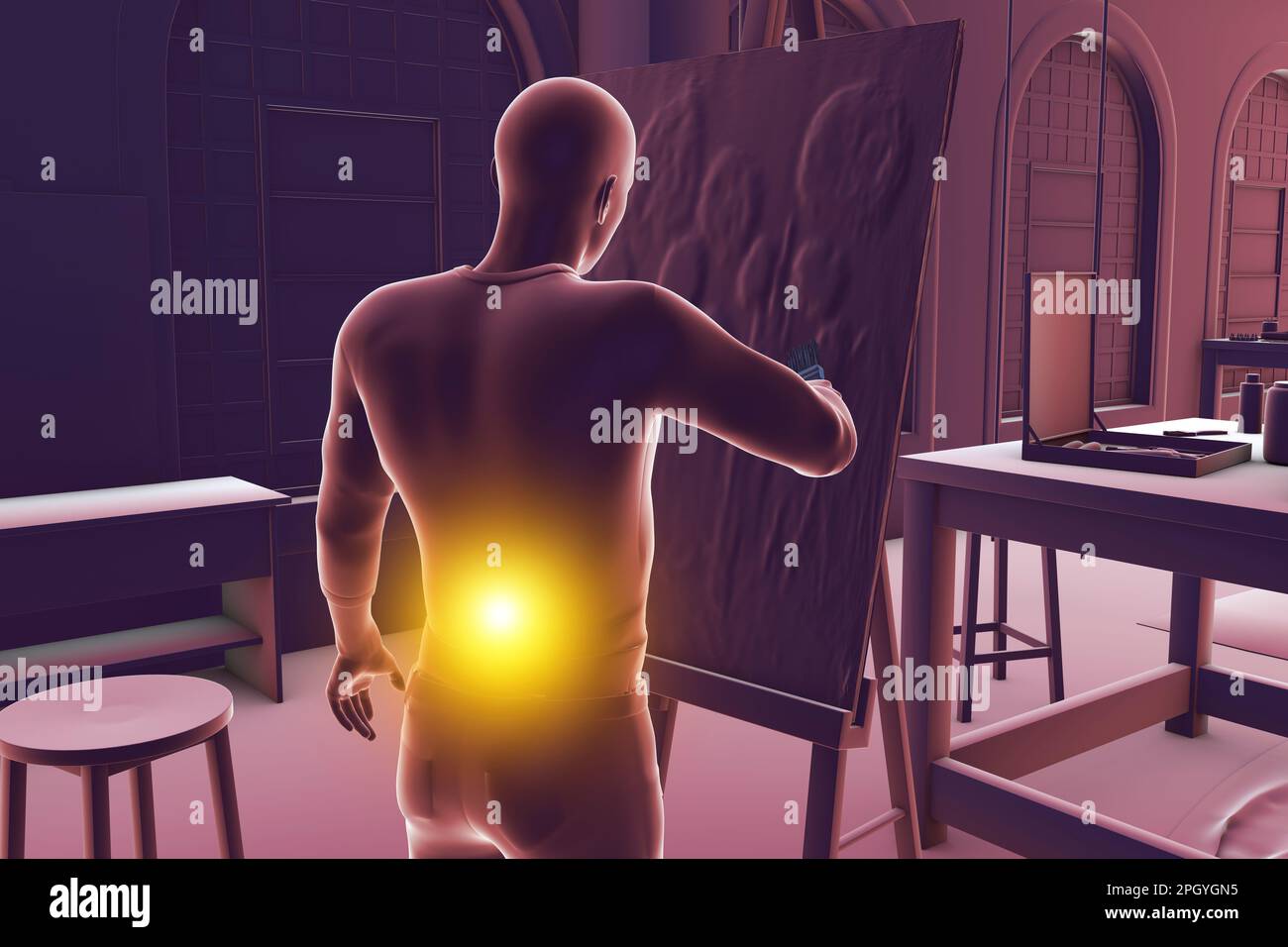 Artist with back pain, illustration Stock Photo - Alamy