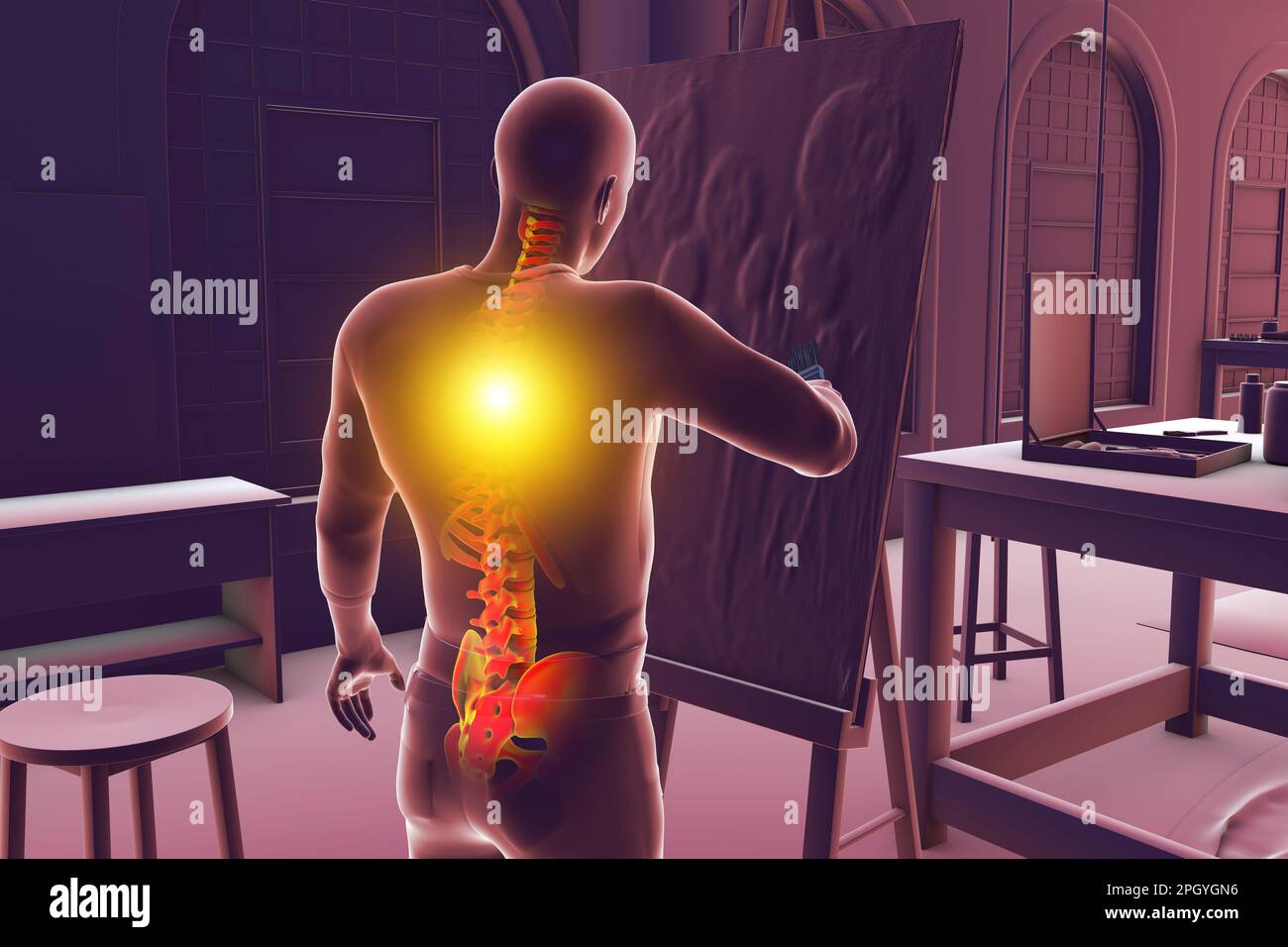Artist with back pain, illustration Stock Photo - Alamy