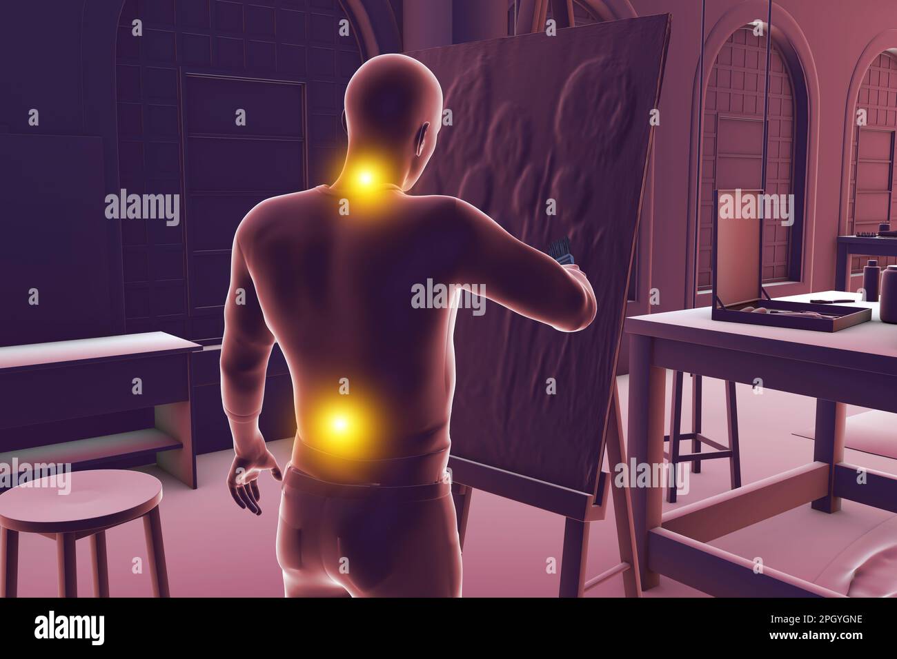 Artist with back and neck pain, illustration Stock Photo - Alamy