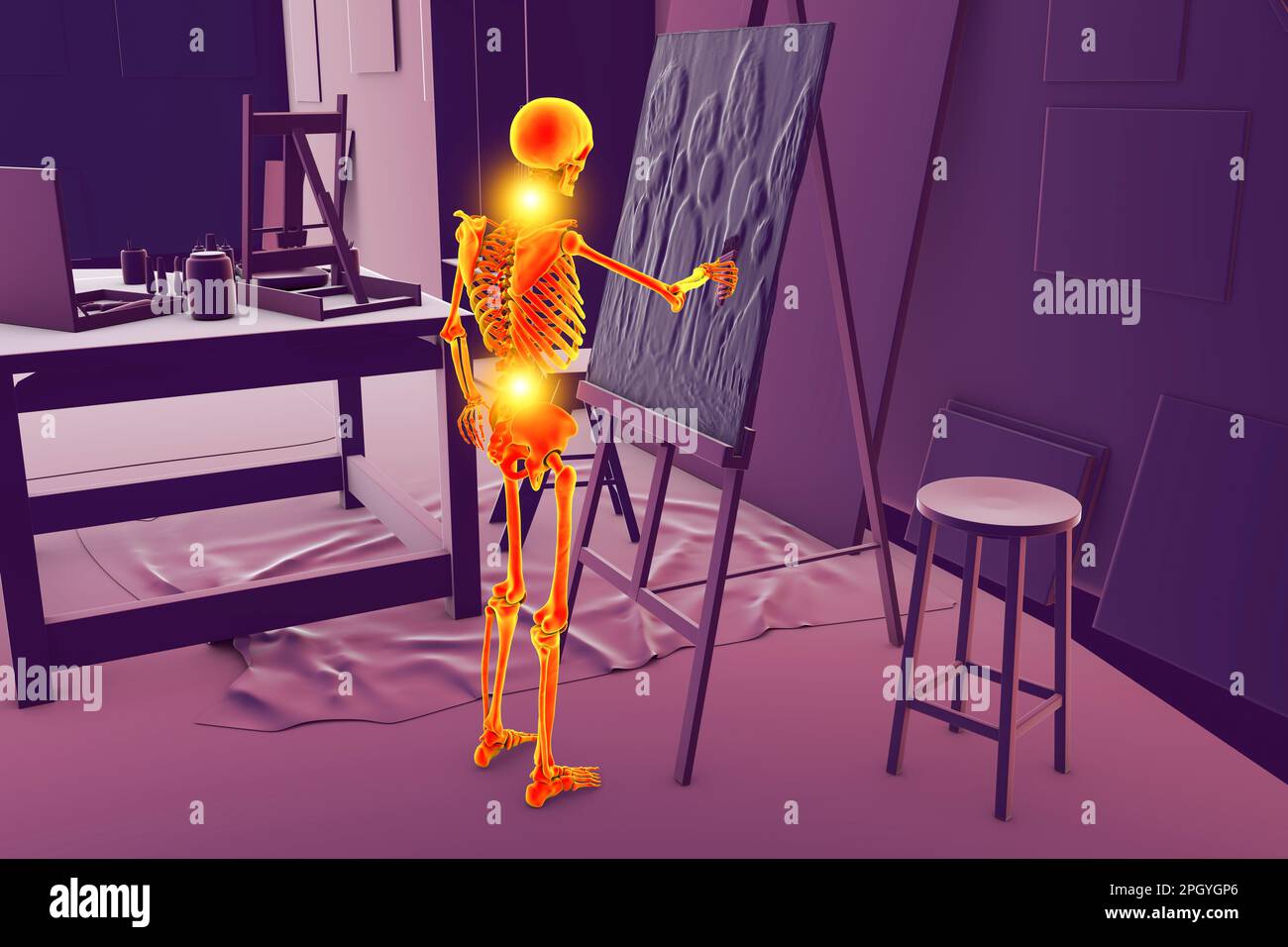 Artist with back and neck pain, illustration Stock Photo - Alamy