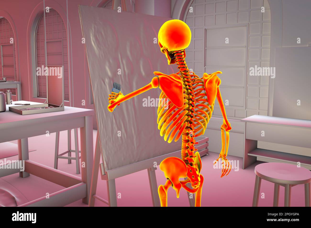 Skeleton painting in a studio, illustration Stock Photo - Alamy