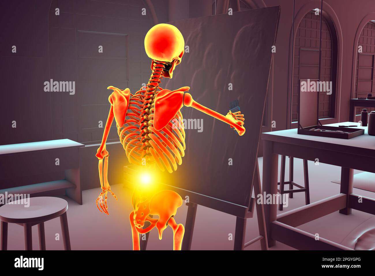 Artist with back pain, illustration Stock Photo - Alamy