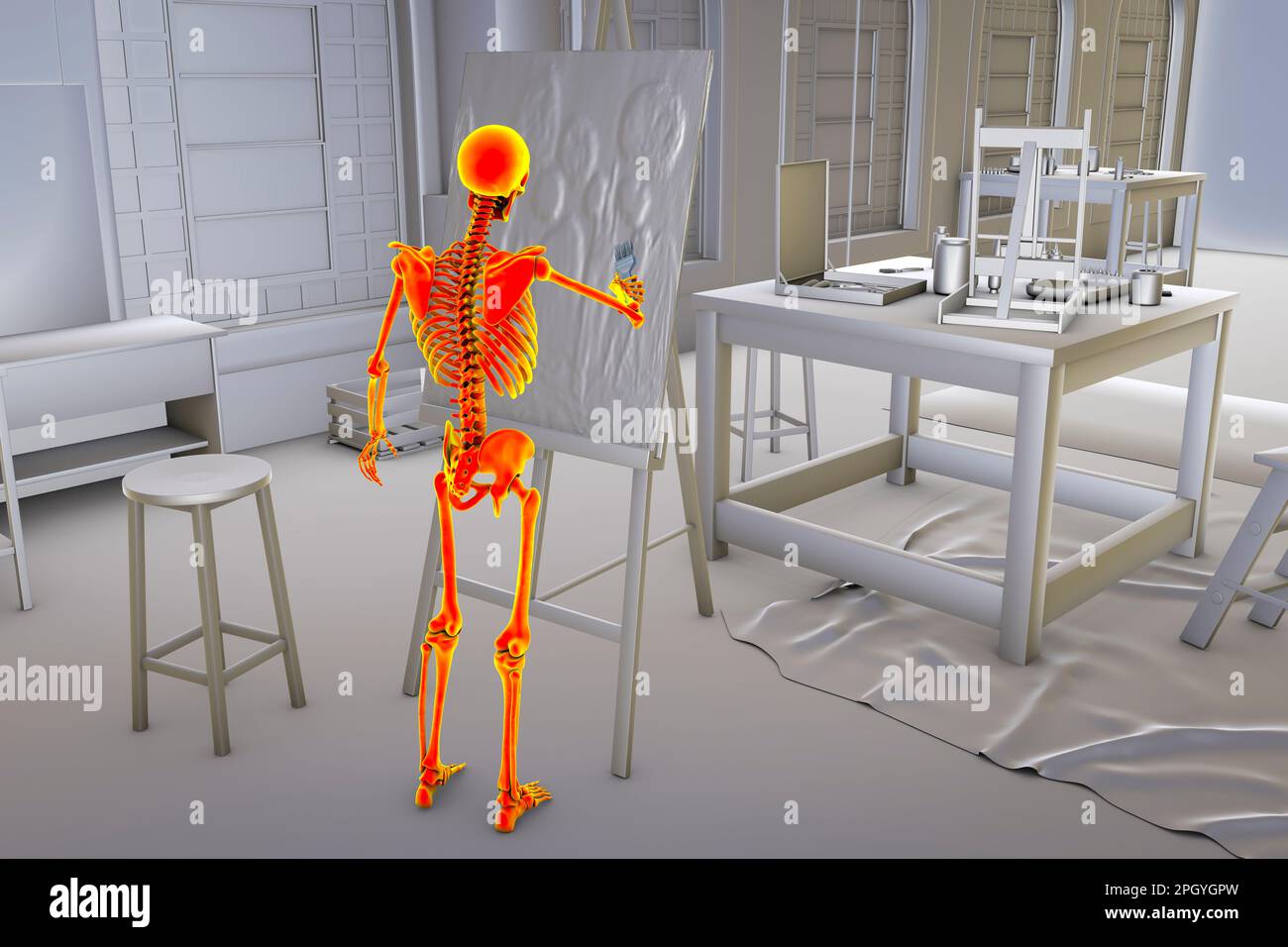 Skeleton painting in a studio, illustration Stock Photo - Alamy