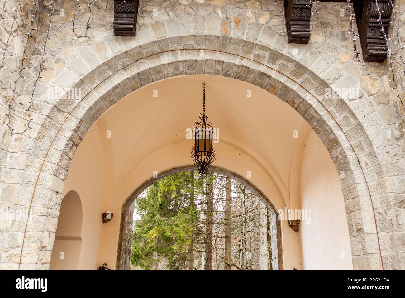 Arch of Pelisor Castle from Sinaia, Romania. Medieval castle Stock ...
