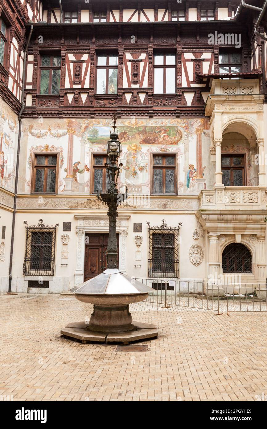 Inner yard of Peles Castle from Sinaia, Romania. Medieval castle Stock ...