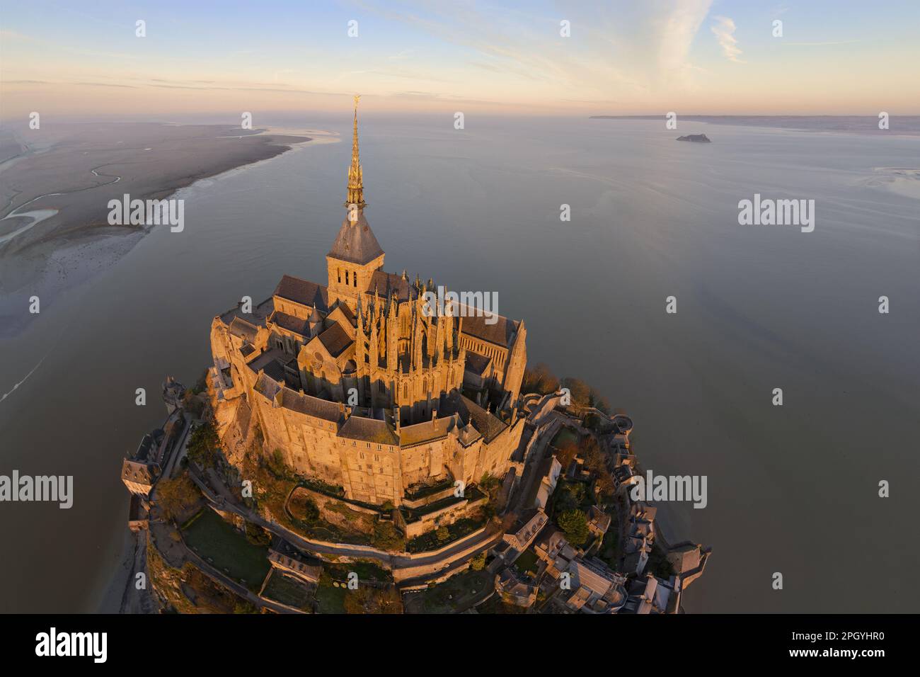 France. Normandy. Manche (50) Aerial view of Mont Saint Michel at ...
