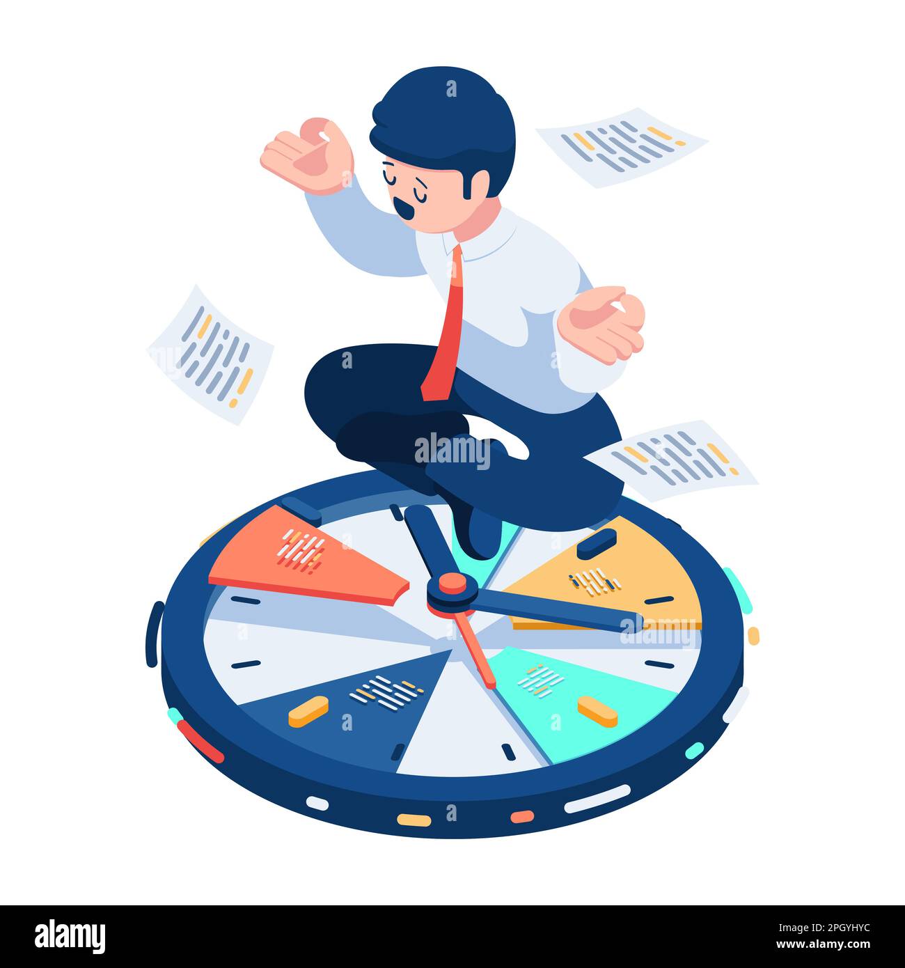 Flat 3d Isometric Businessman doing Meditation Over Clock. Time ...