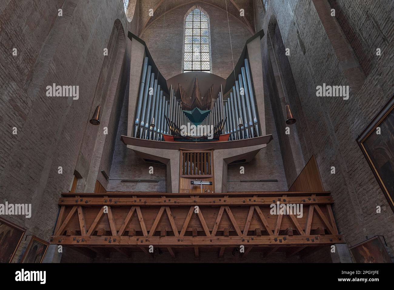 Modern organ loft of the Barfuesserkirche, church was rebuilt in the ...