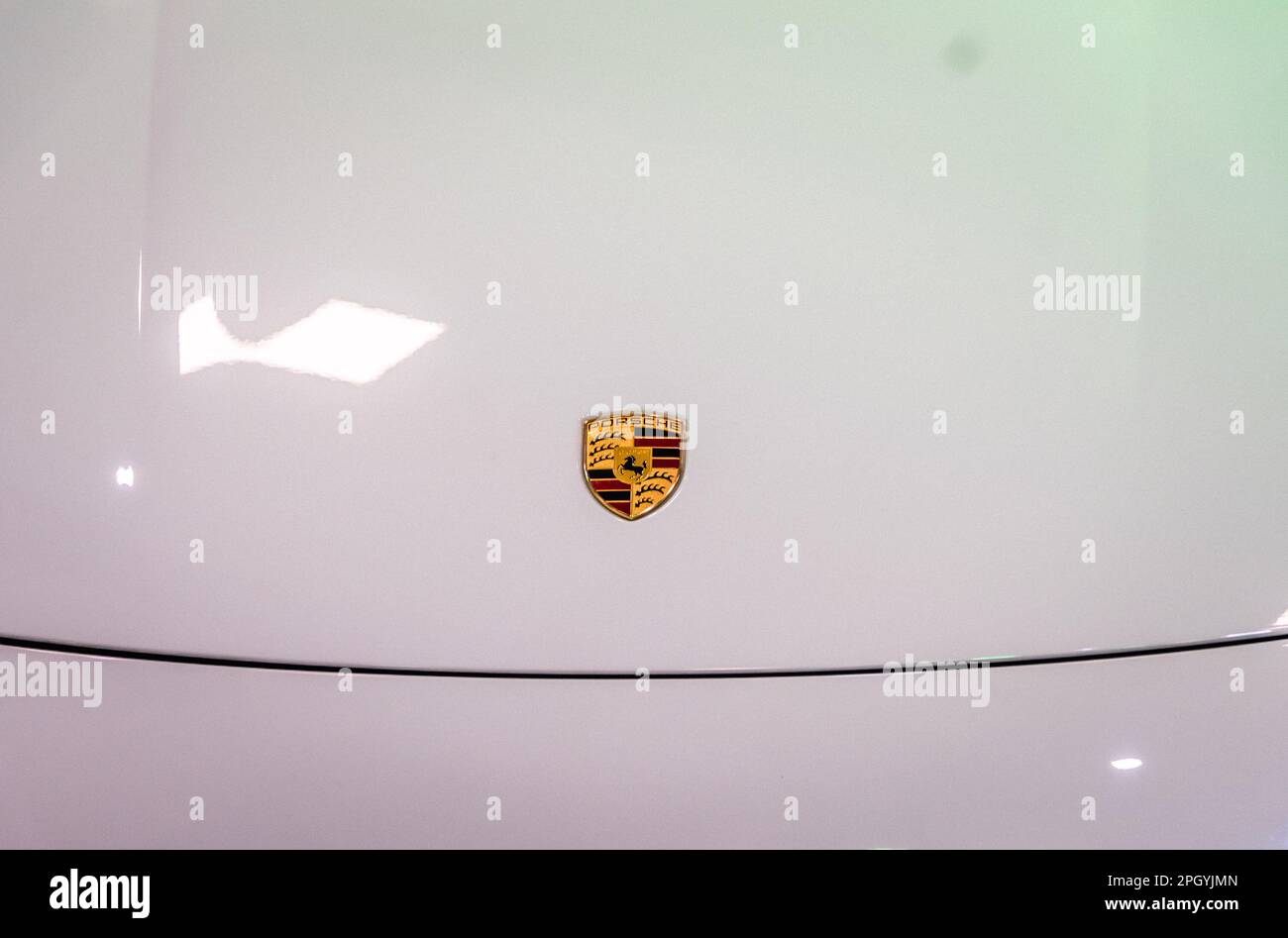 Porsche Sign Close Up from front of a car on february 25 , 2023 during ...