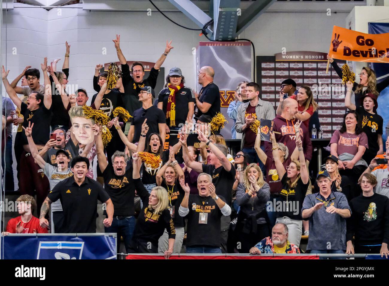 Minneapolis, Minnesota, USA. 24th Mar, 2023. ASU fans cheer on LEON MARCHAND after he finishes ...