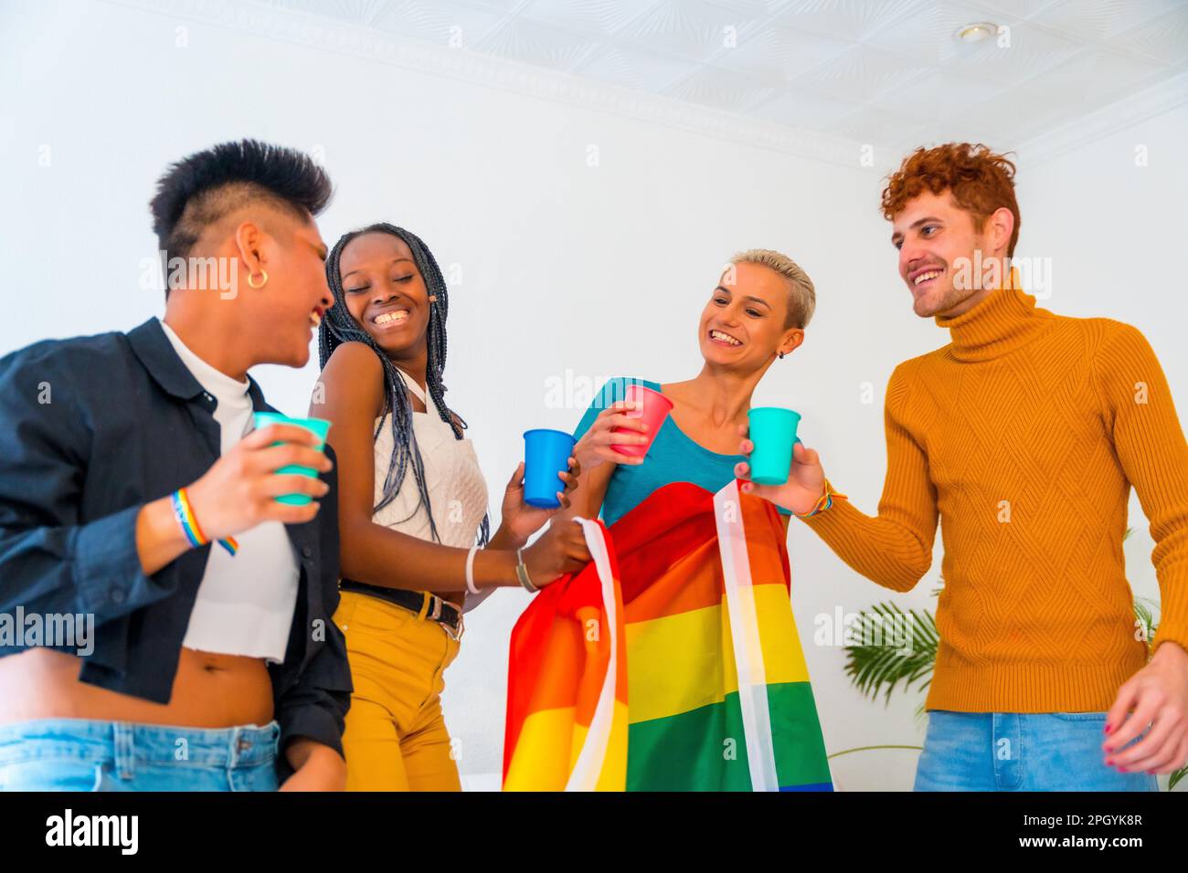 LGBT pride, lgbt rainbow flag, group of friends dancing and toasting ...
