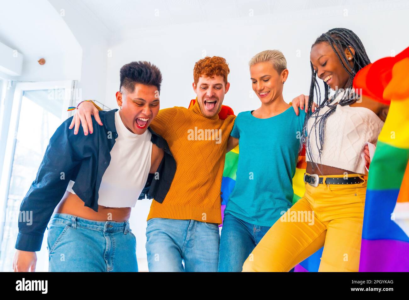 LGBT pride, lgbt rainbow flag, group of friends dancing in a house at ...