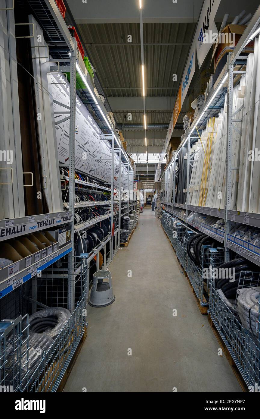 Aisle in DIY store with cables and wires, Allgaeu, Bavaria, Germany ...