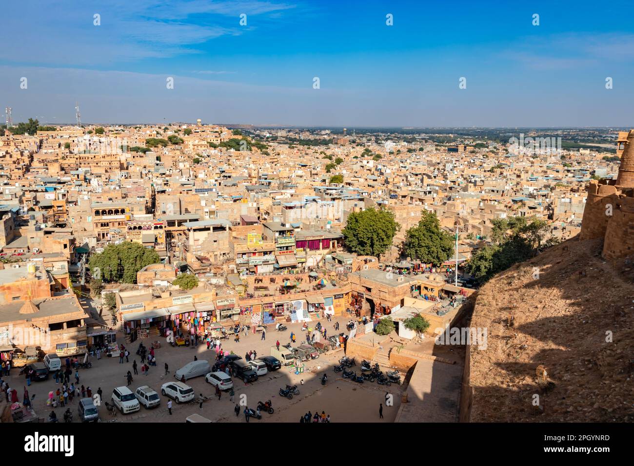 desert city architectural view with bright blue sky from fort from flat ...