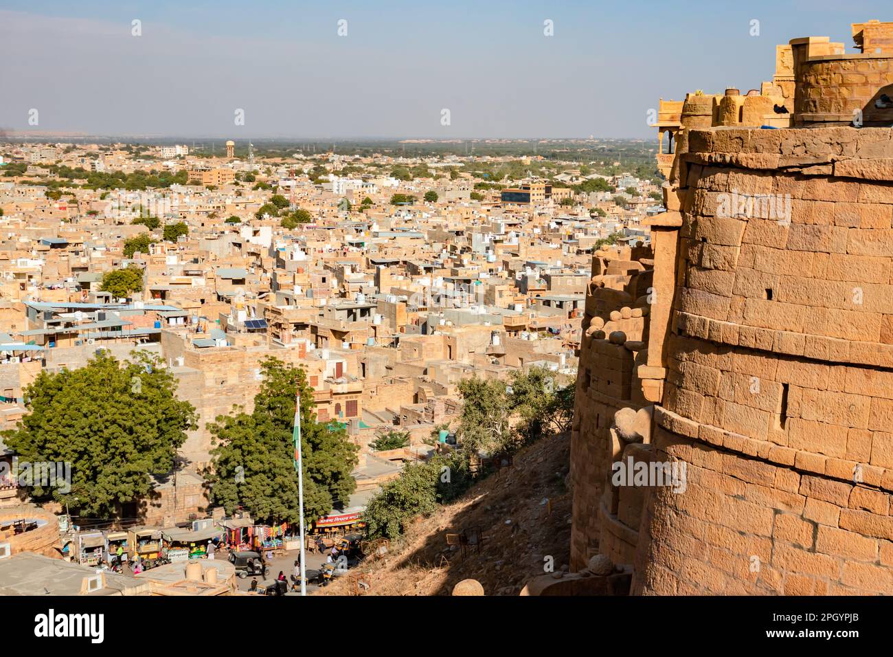 desert city architectural view with bright blue sky from fort from flat ...