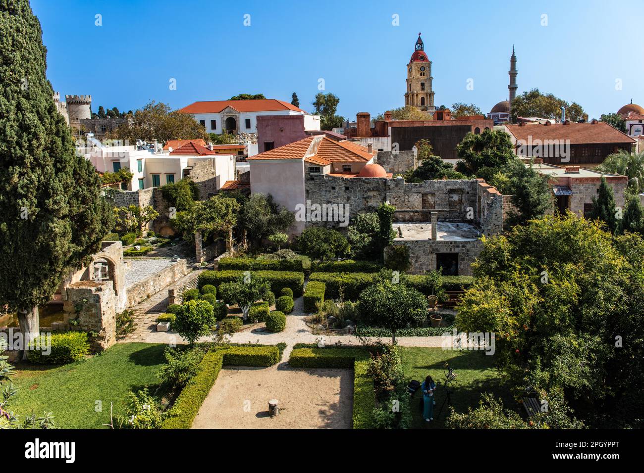 View of clock tower with gardens in front, Roloi, 7th century, Rhodes ...