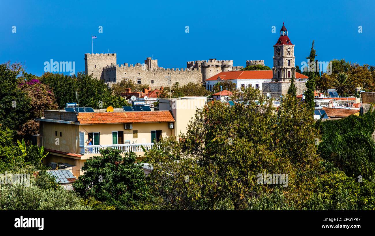 View of Clock Tower and Grand Masters Palace, Roloi, 7th c., Rhodes ...