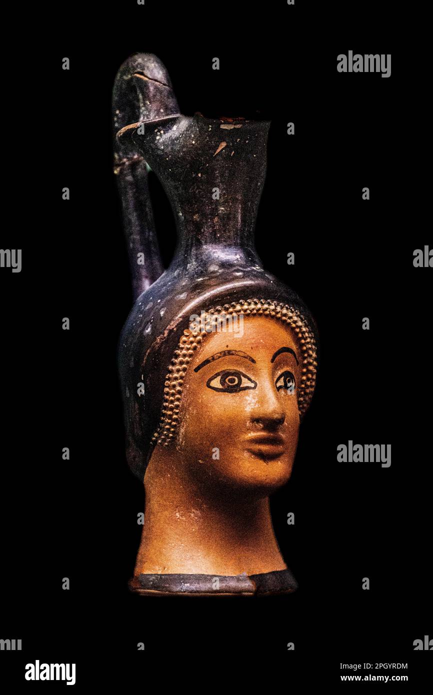 Small wine jug in the shape of a womans head, Oinochoe, 475-450 BC ...