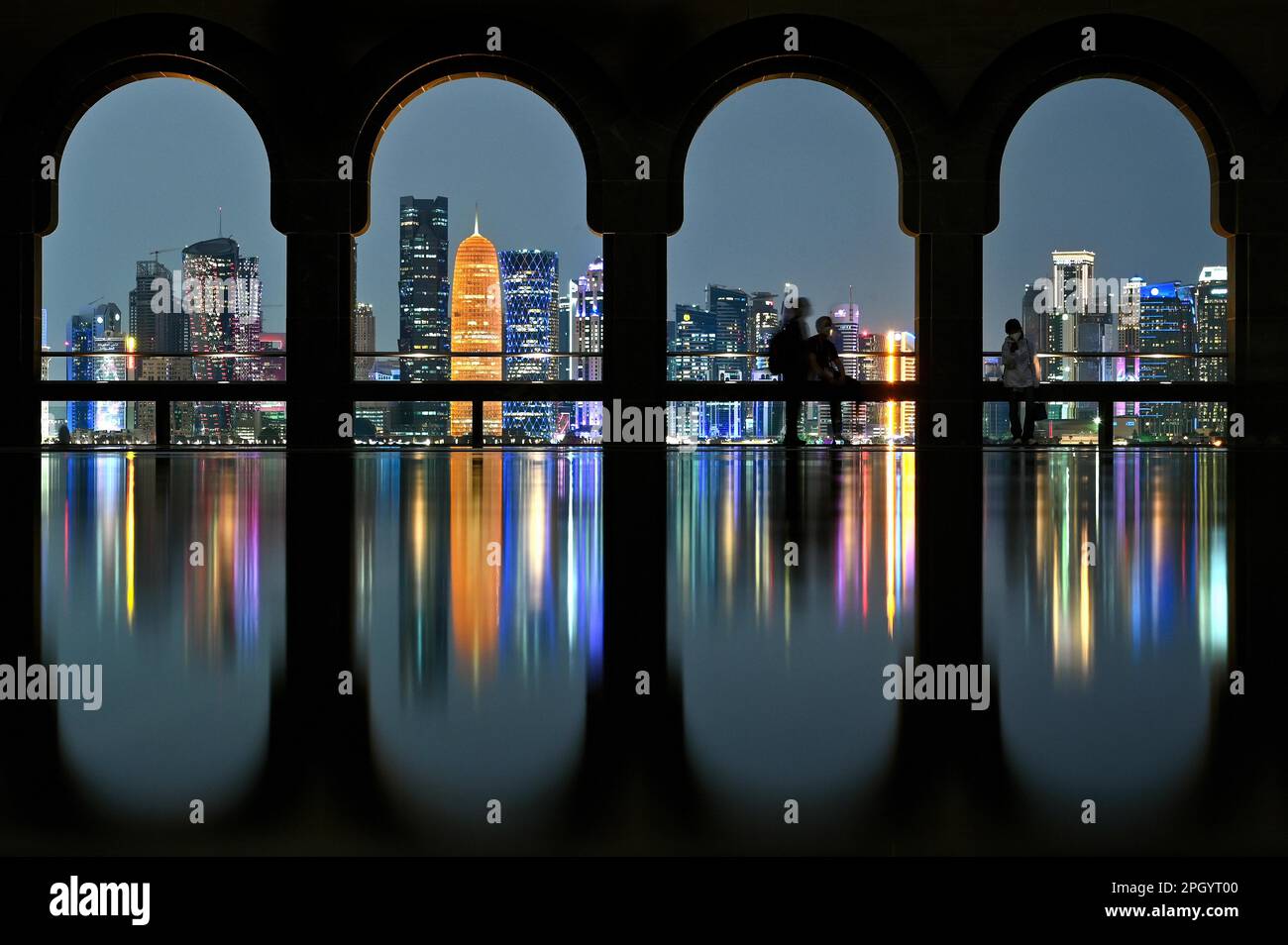 View of the illuminated skyline of Doha, Qatar, from the terrace of the ...