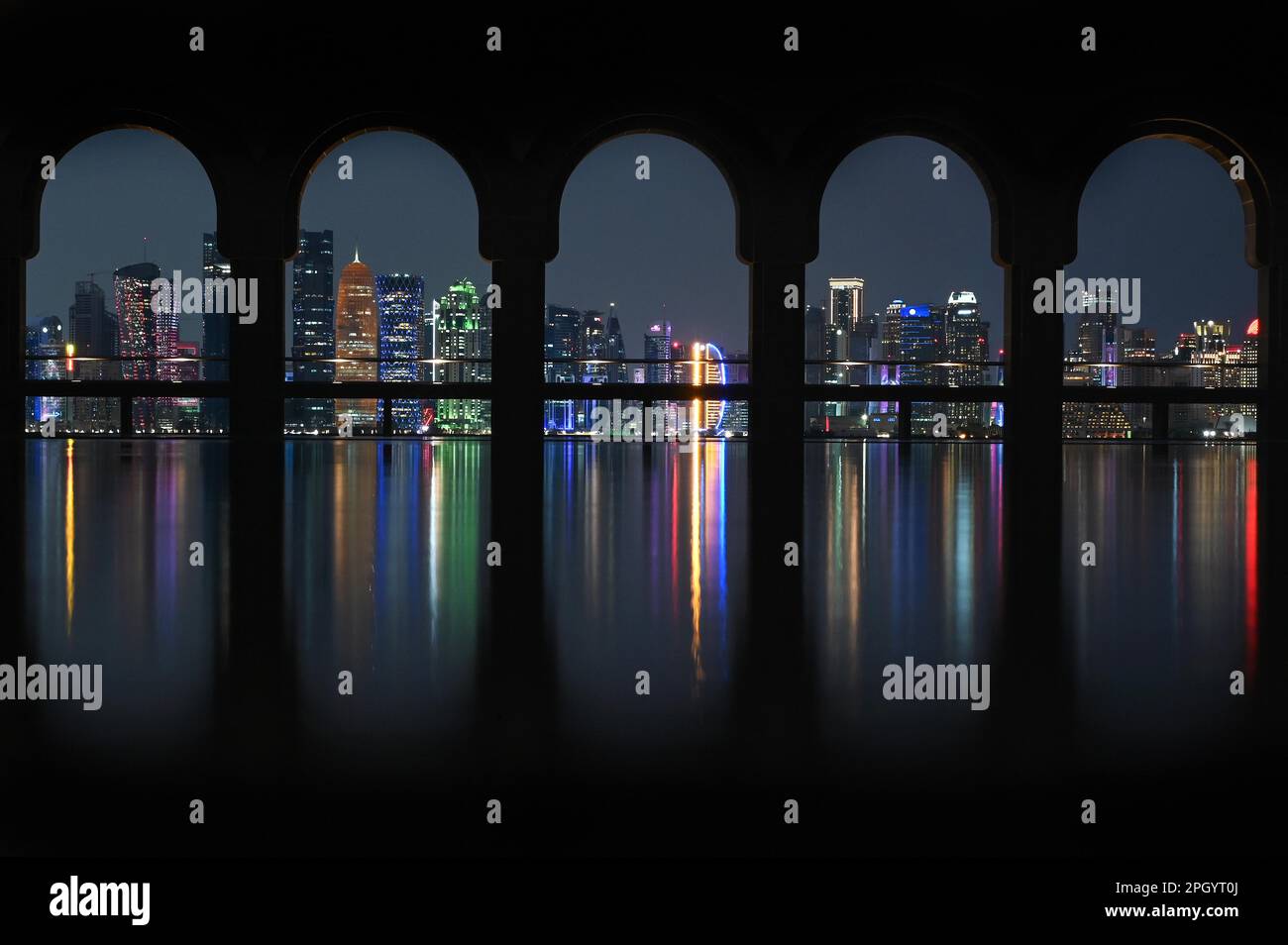 View of the illuminated skyline of Doha, Qatar, from the terrace of the ...