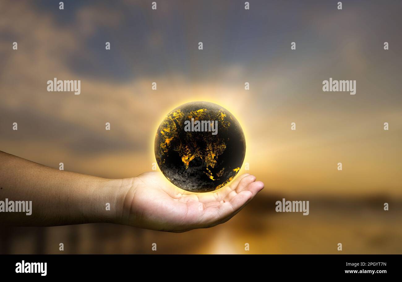 Globe earth in human hand on sunset background. one hand hold planet ...