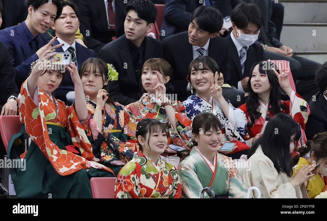 University students attend a graduation ceremony of Nihon University in ...