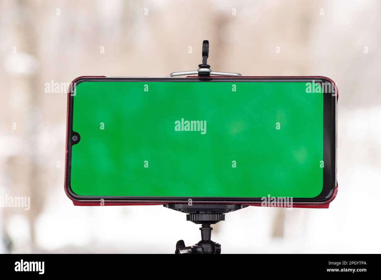 a mobile phone with a green screen stands on a flexible stand on the ...