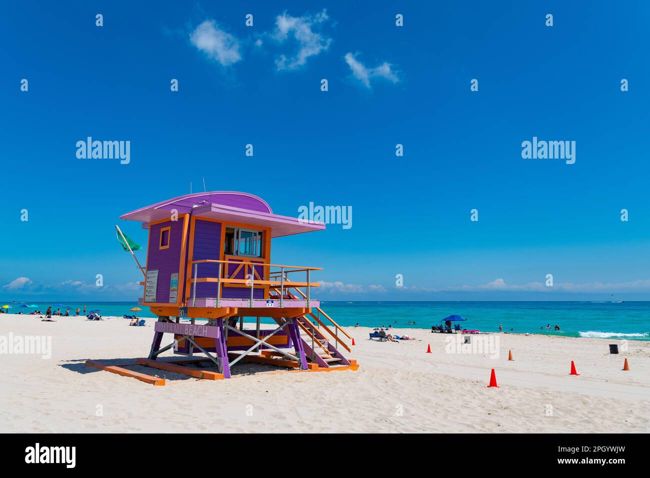 pink color lifeguard at miami beach with copy space. lifeguard at miami ...