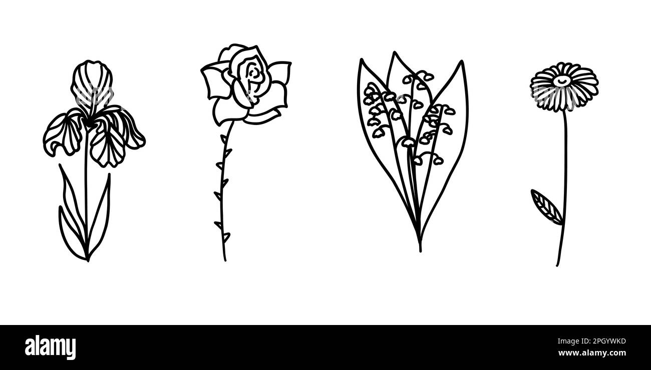 Flowers collection in outline doodle flat style. Set of simple floral ...