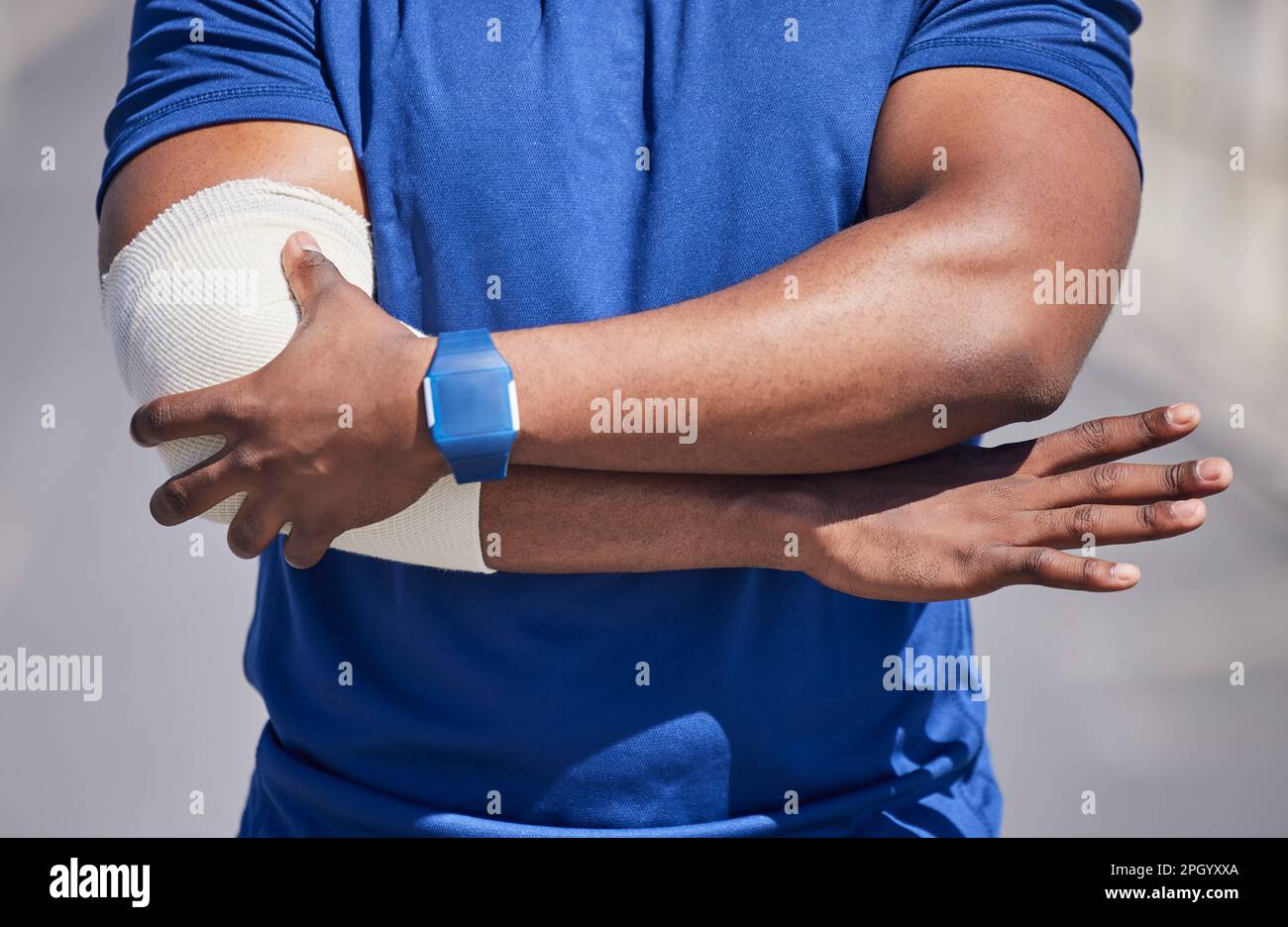 Black man, arm pain and injury, first aid bandage and health, medical ...