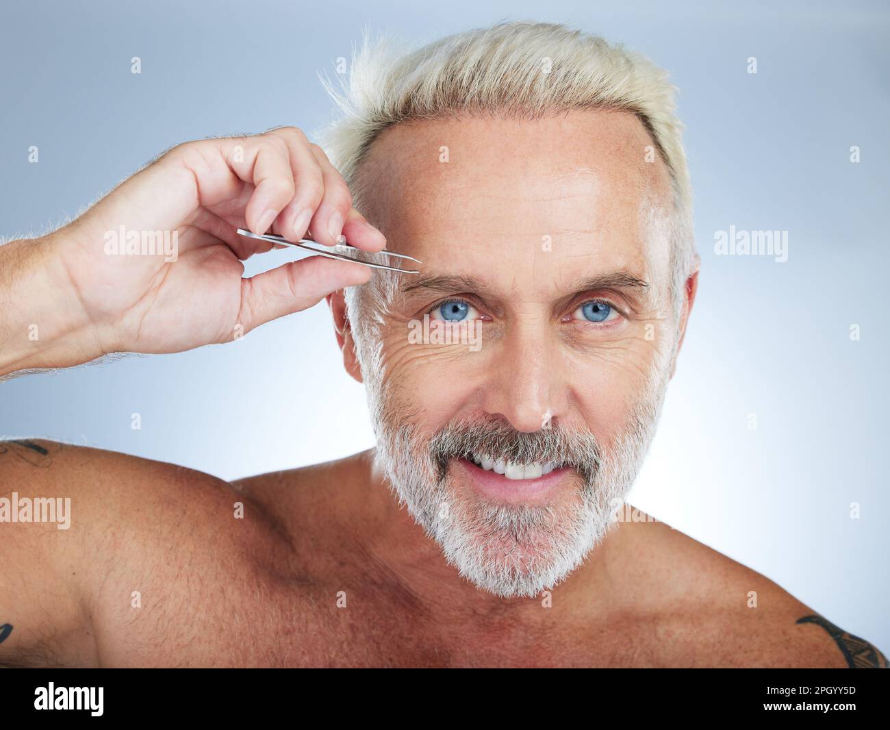 Senior man, tweezers and eyebrow in portrait with smile, beauty and ...