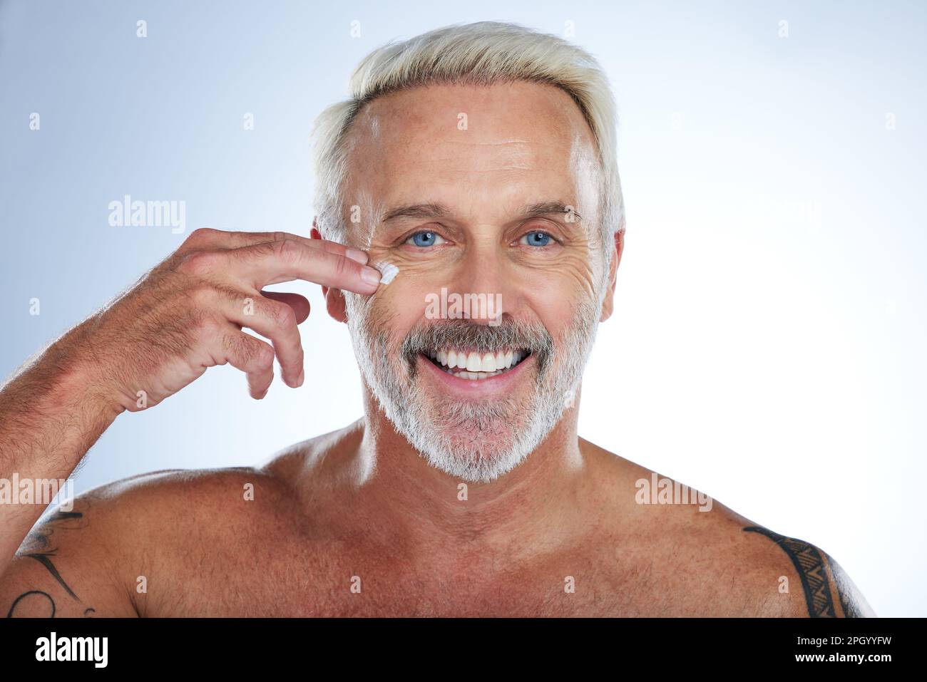 Senior man, lotion and portrait, face with skincare and beauty, hygiene ...