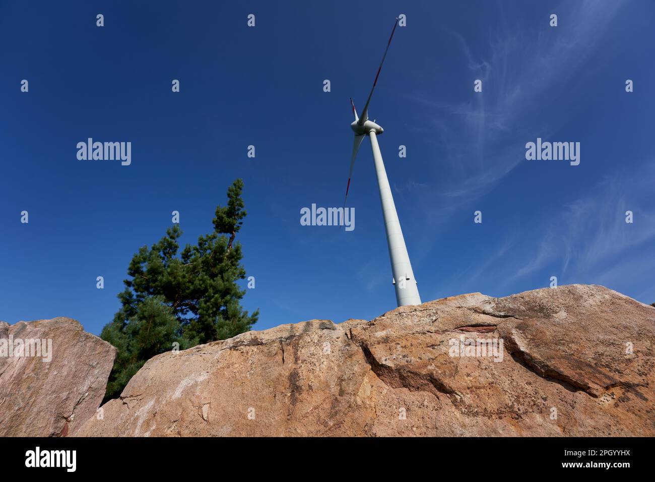 1 Wind turbine and a fir tree against blue sky. Reddish rock in ...