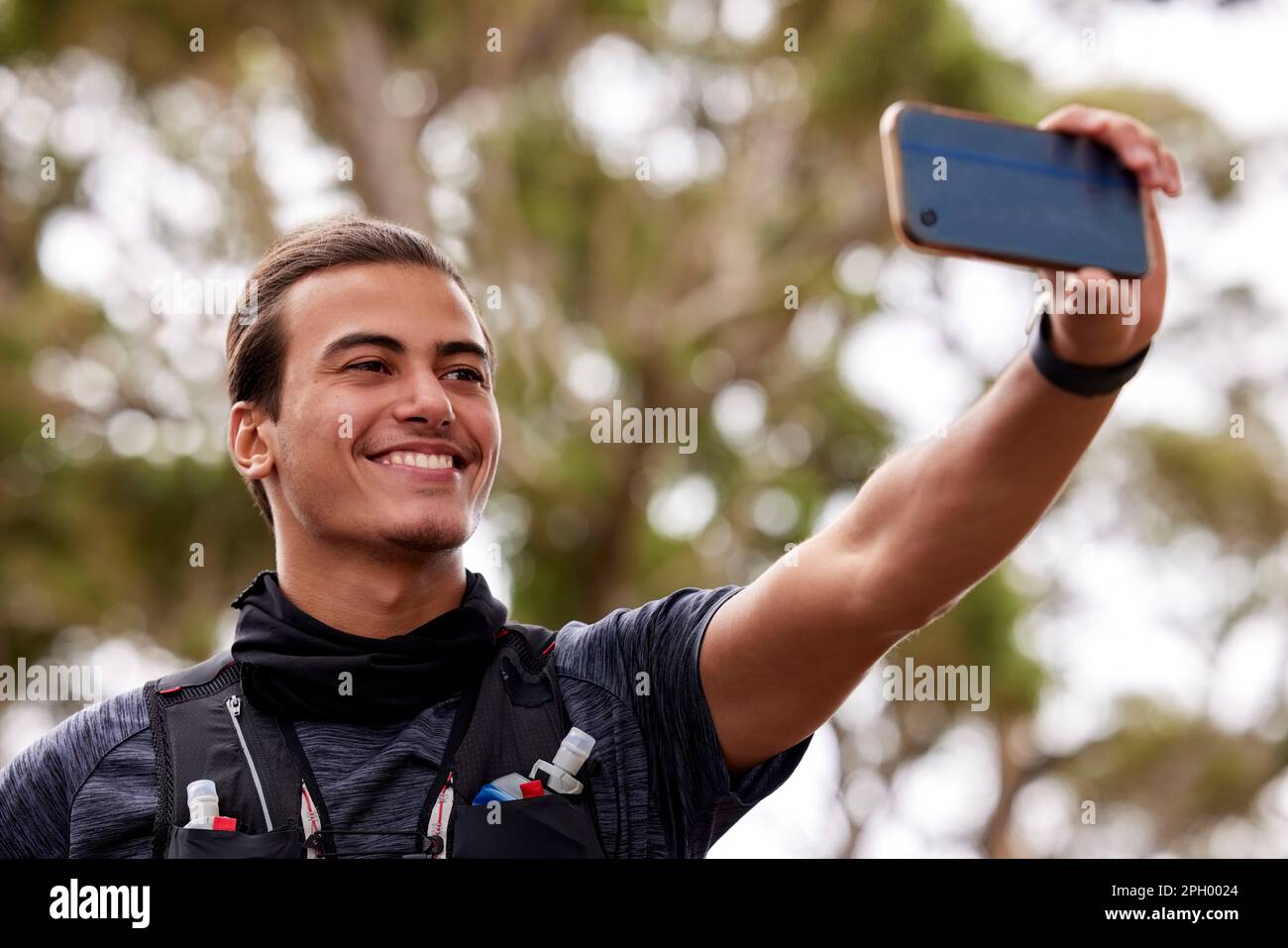Fitness, outdoor selfie and happy man for training update, social media ...
