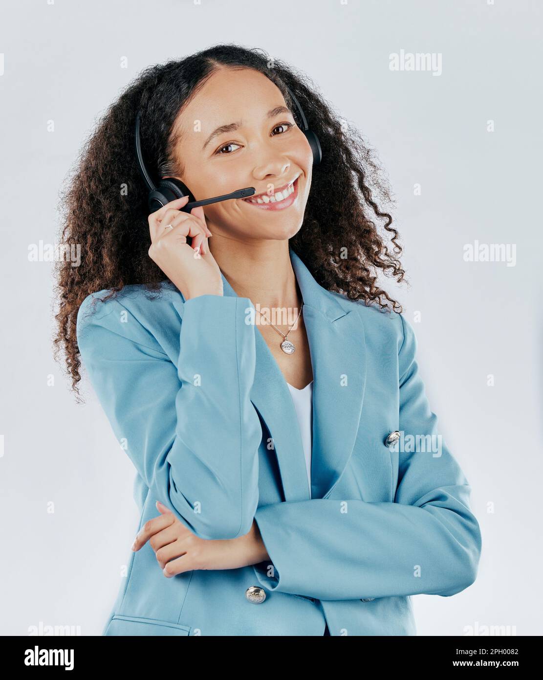 Business woman, portrait smile and call center with headset mic for ...