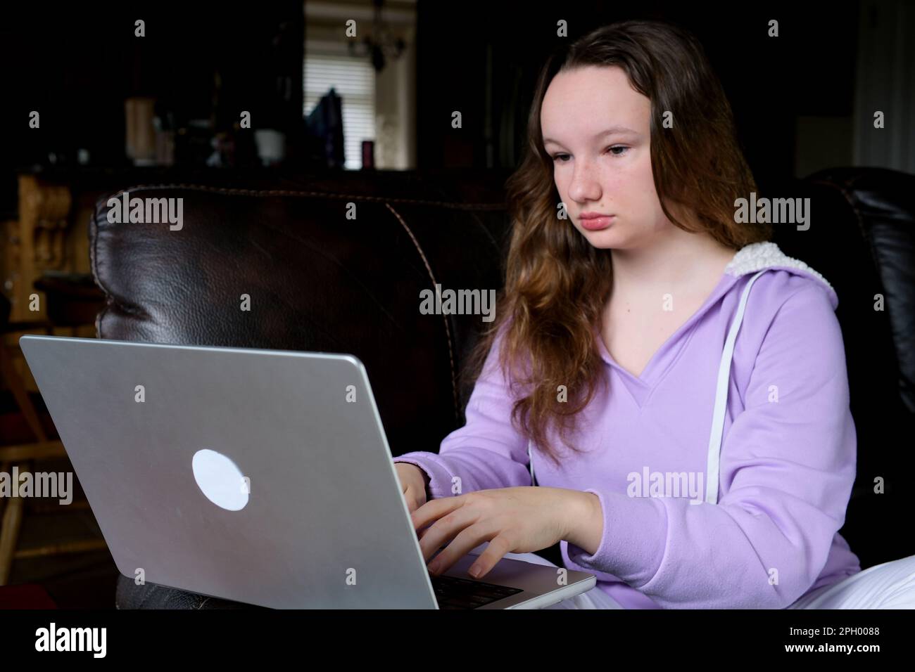 Hispanic latin girl college student using laptop computer watching ...