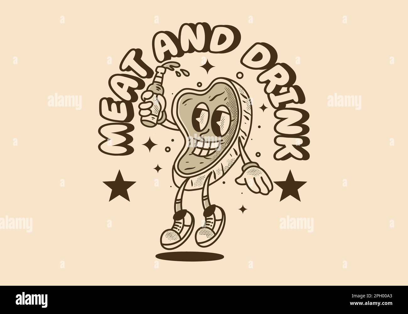 Mascot character design of meat holding a beer bottle with happy face ...