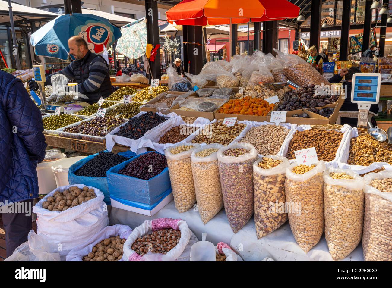 Tirana, Albania. March 2023. view of the stalls in the covered market ...