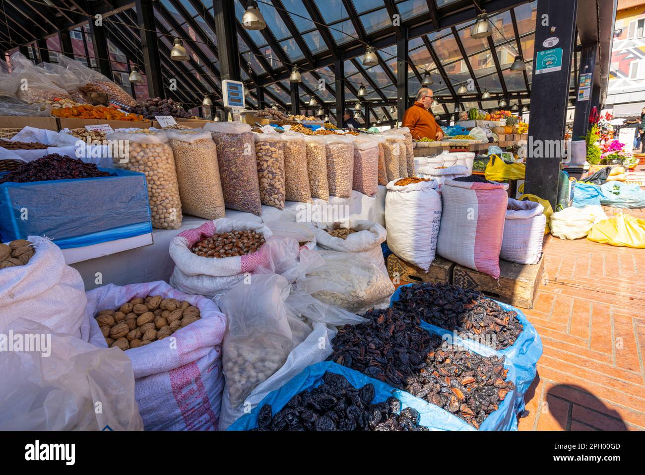 Tirana, Albania. March 2023. view of the stalls in the covered market ...