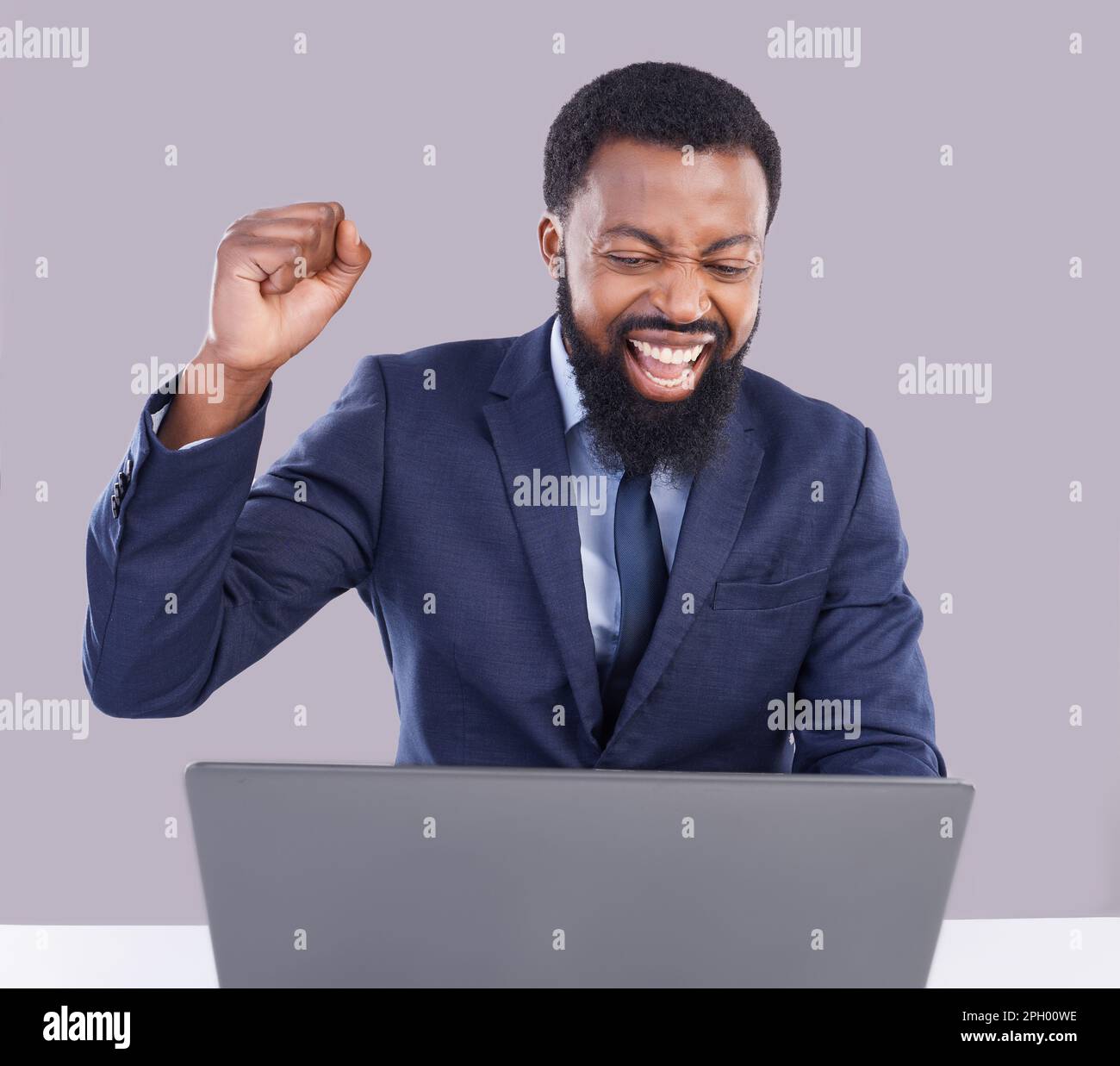 Winning, laptop and black man isolated on gray background for stock ...