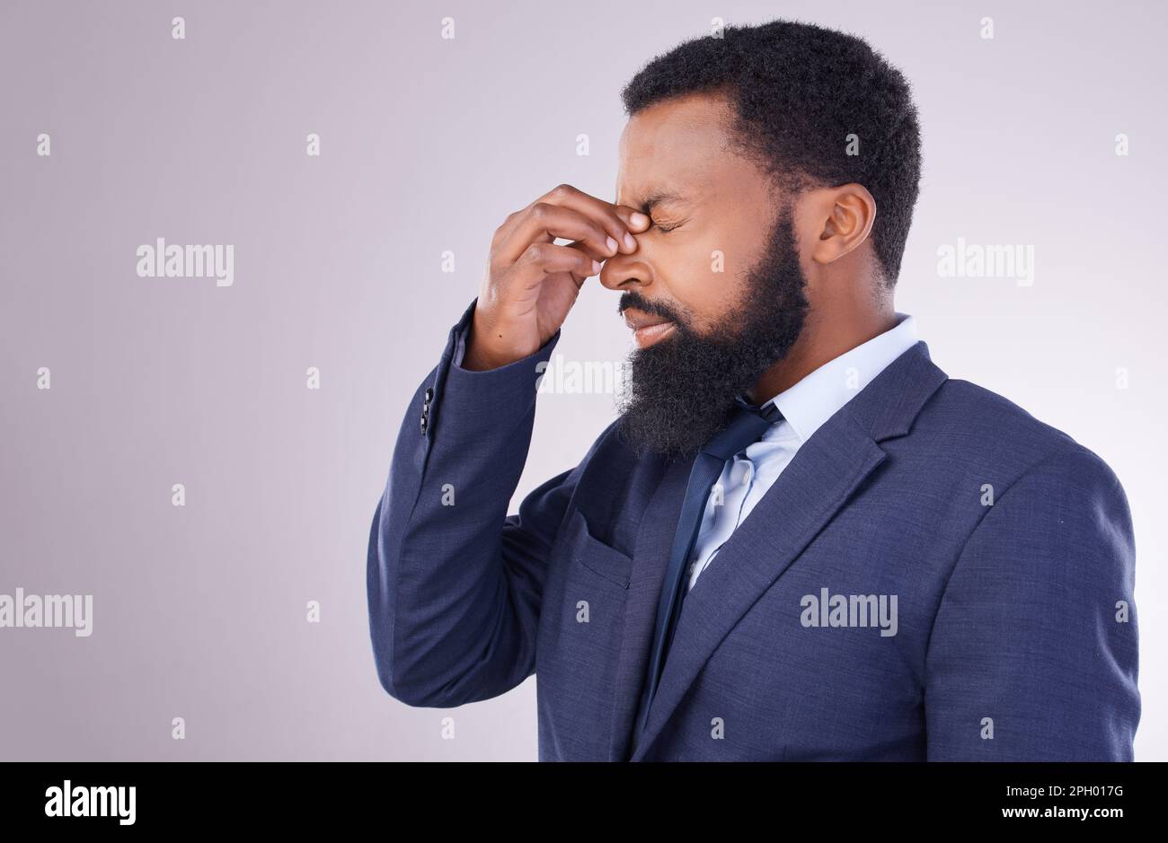 Business, headache and black man in white background of anxiety, debt ...